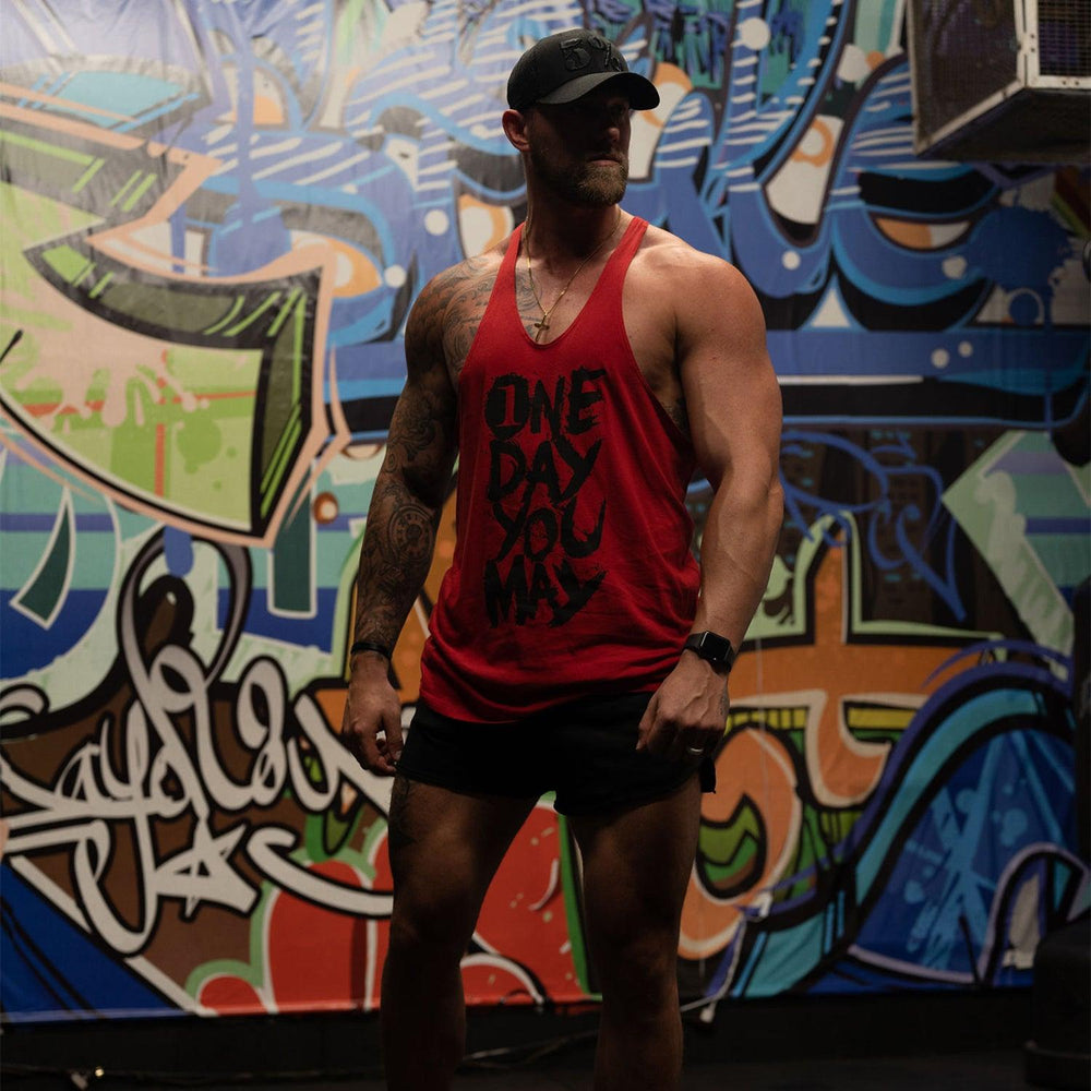 One Day You May, Red Stringer Tank with Black Lettering